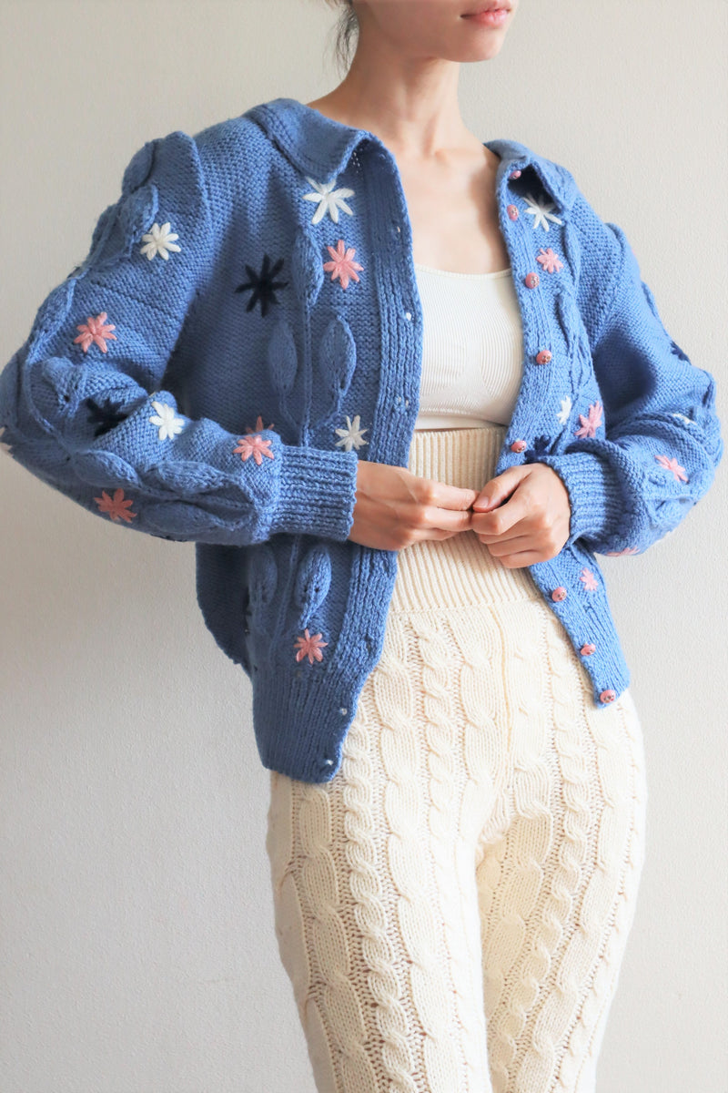 80s Dull Light Blue Hand Knitted Cardigan – makky