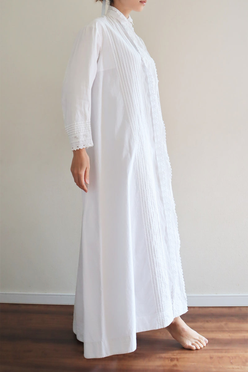 1900s Hand Embroidery Beautiful Tuck Design White Cotton Long Dress Si ...
